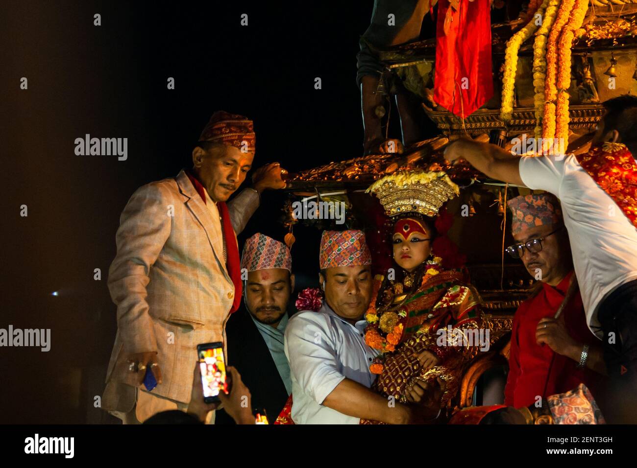 Living Goddess Kumari is carried to be worshipped on her chariot during ...