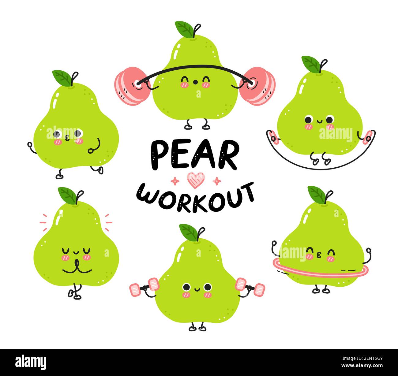 Cute funny green pear make gym set collection. Vector flat line cartoon ...