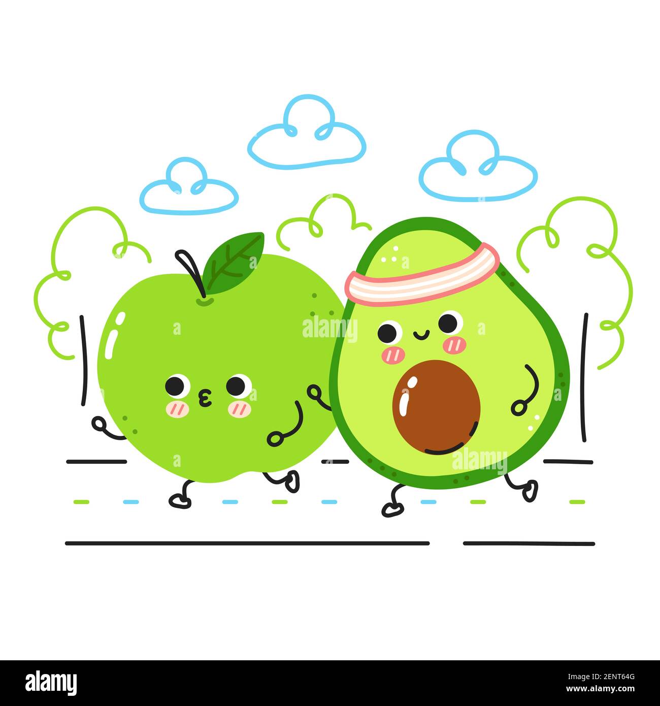 Cute funny apple and avocado run. Vector flat line cartoon kawaii ...