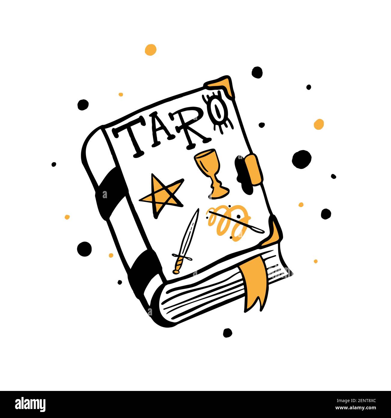 Hand drawn illustration of witches hand and tarot cards. Magic symbols ...