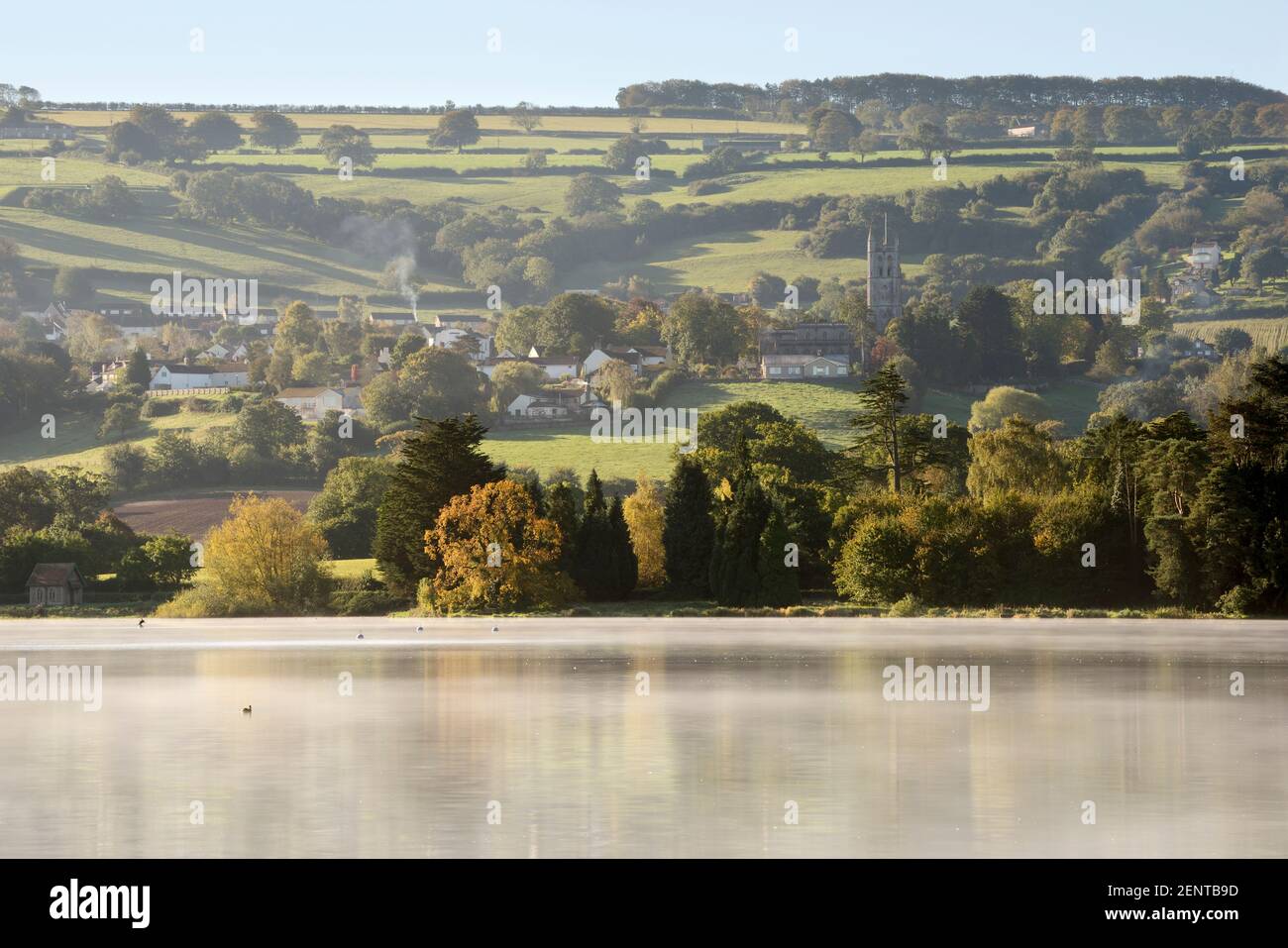 The village of Blagdon, North Somerset, with Blagdon Lake in the ...