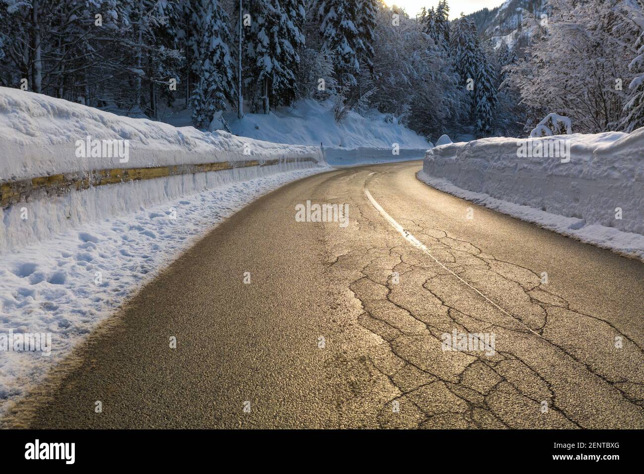 Driving on a snowy winter road through a forest in nature with sun ...