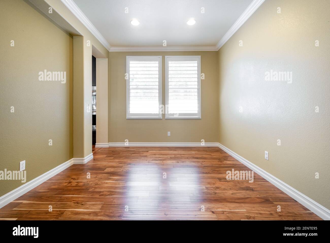 Bright beige large empty room with wood floor, molding and windows. Modern bright room ...