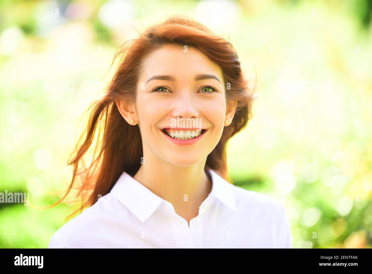Happy cheerful ginger girl smiling looking at camera. Happy face Stock ...