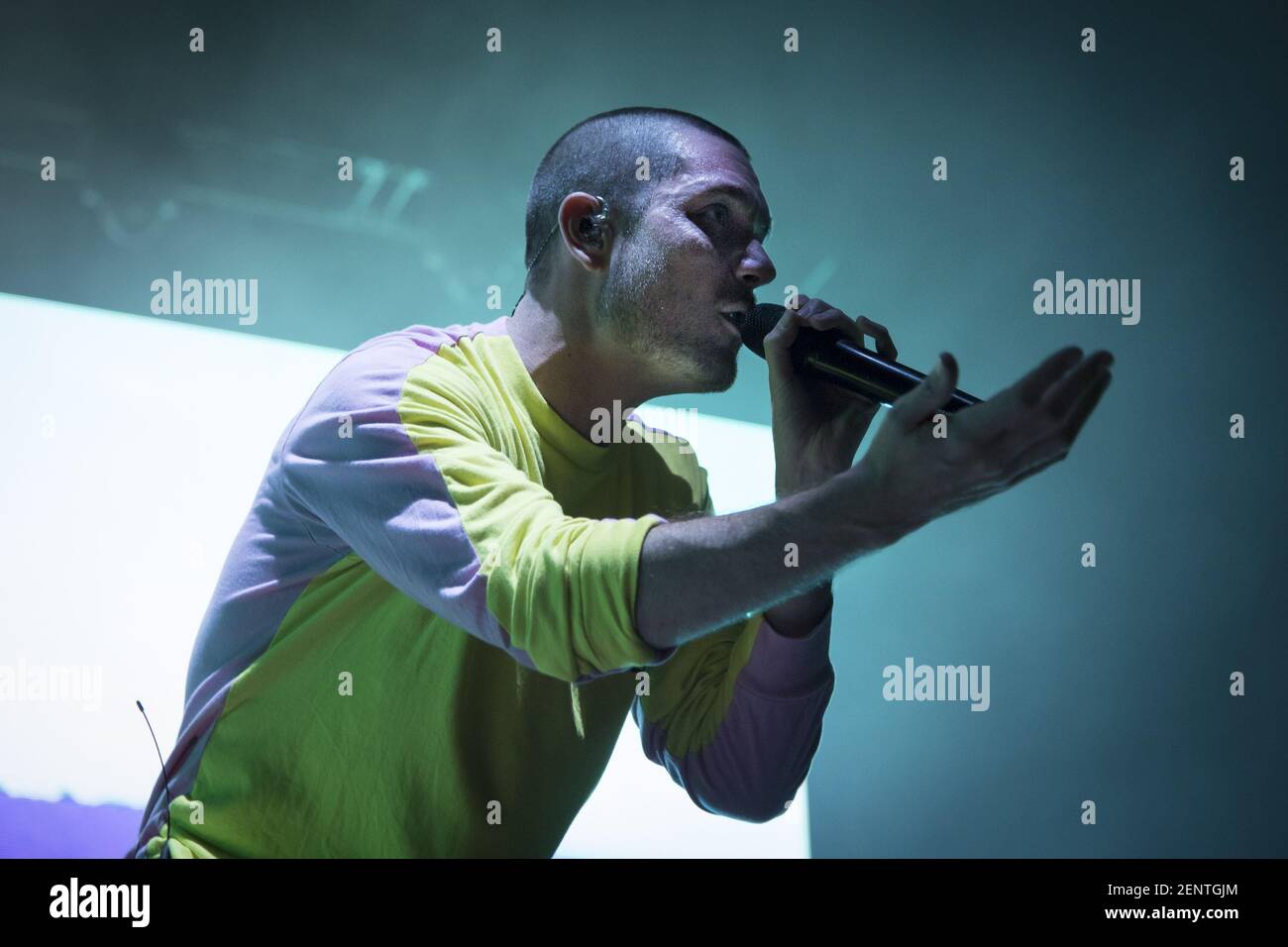 Lead singer of British Indie pop band, Bastille, Dan Smith performs a ...