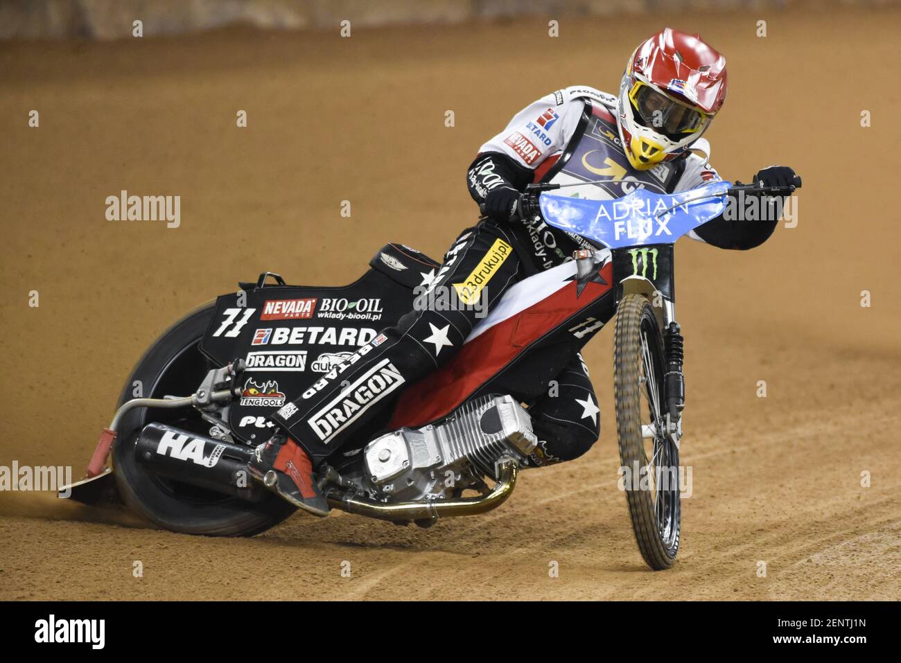 #71 Maciej Janowski of Poland goes three points in Heat 2 during the ...