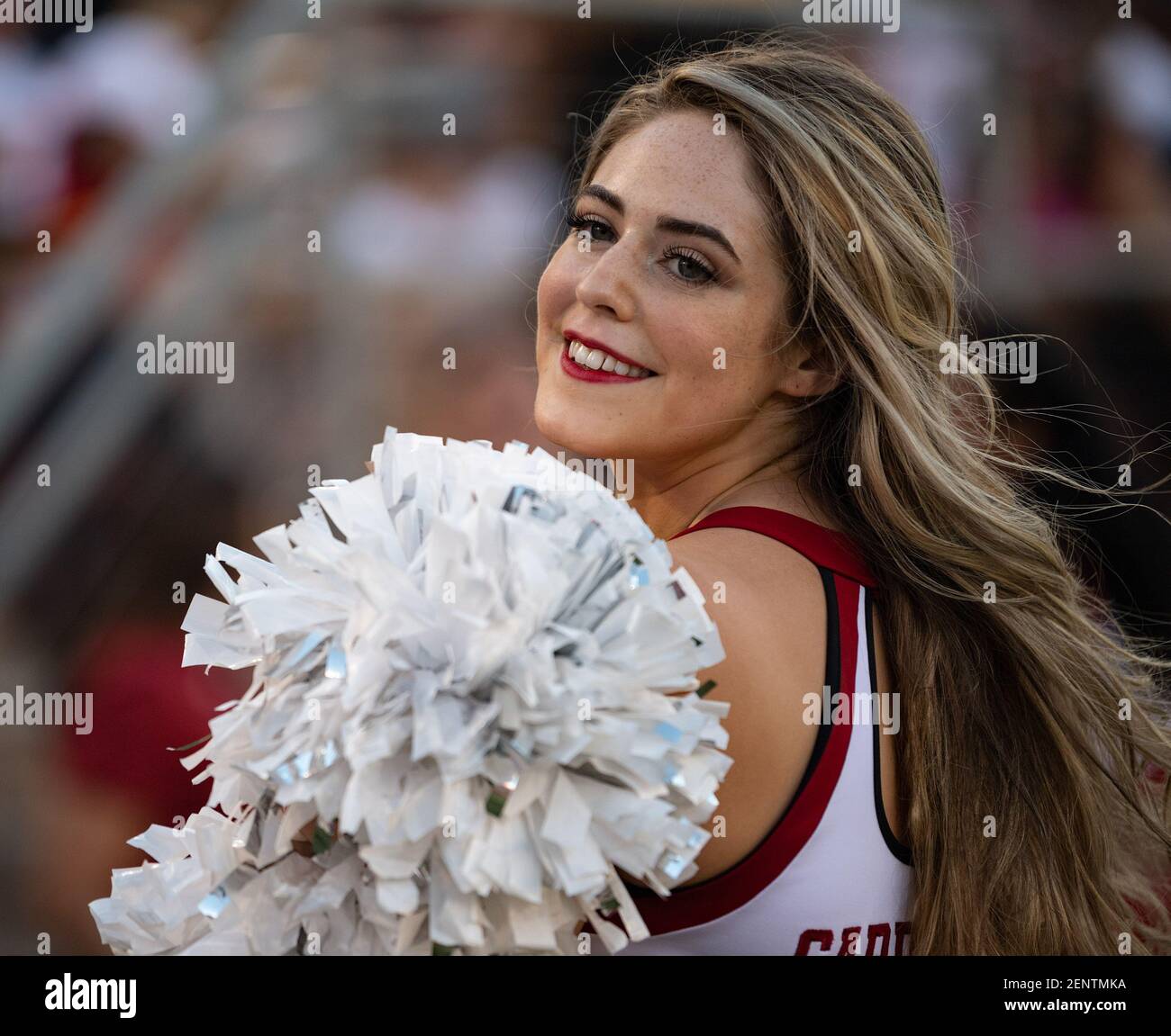 September 21, 2019: A Stanford Cardinal cheerleader fires up the fans ...