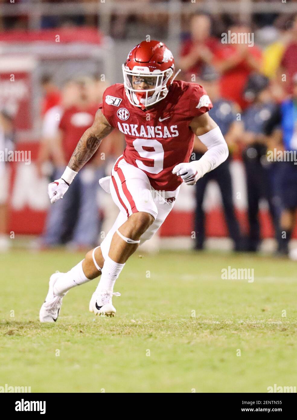 September 21, 2019: Greg Brooks #9 Razorback defensive back comes up ...