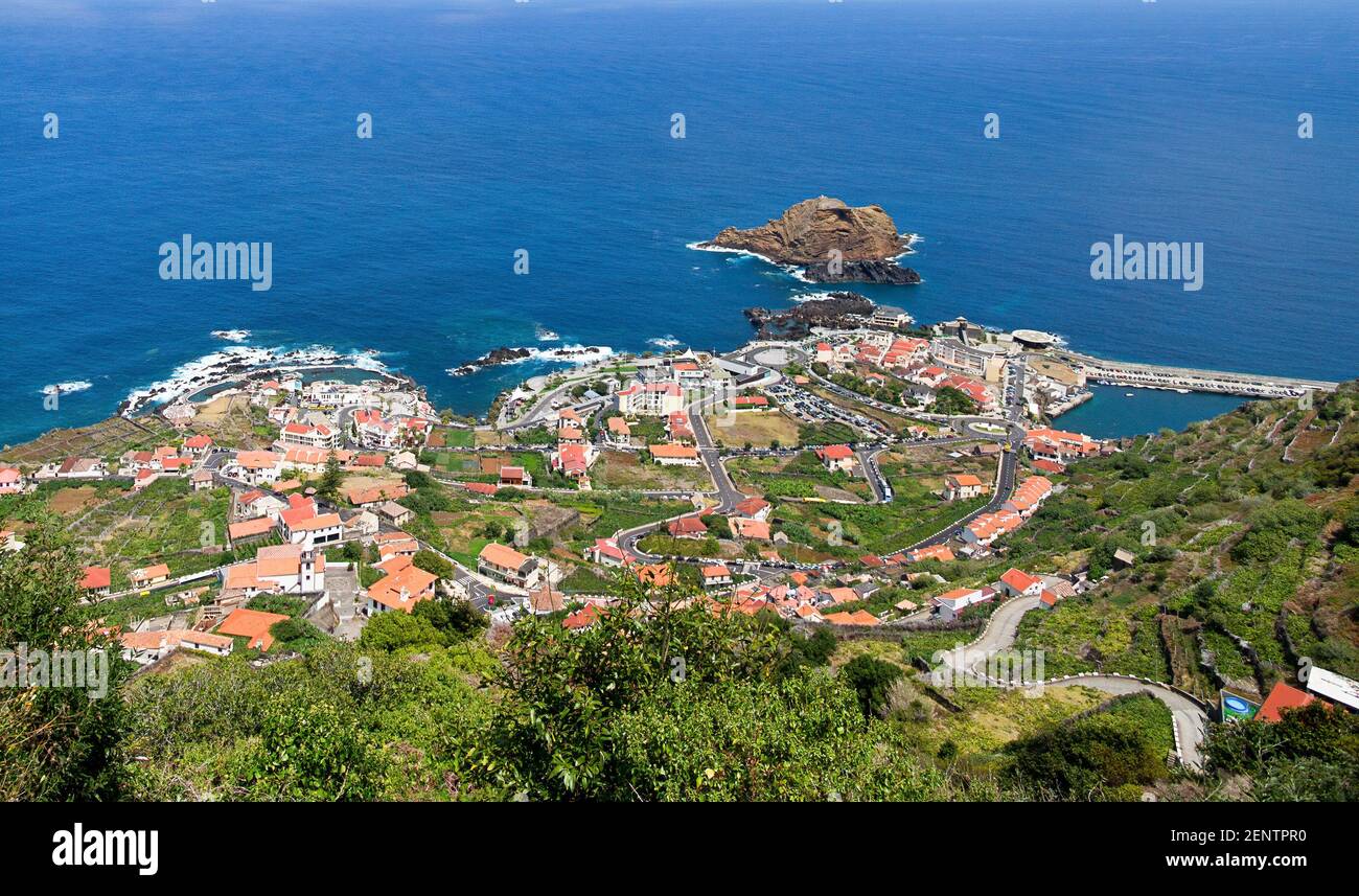 Aerial view of city of "Porto Moniz" in Madeira island during summer ...