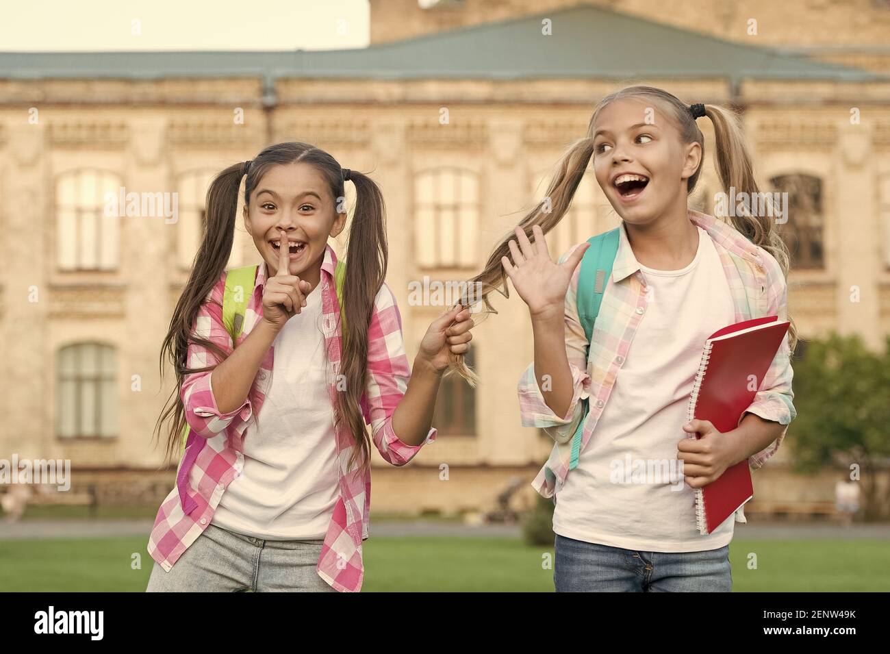 Happiness and joy. Smiling friends having fun at school yard. Happy ...