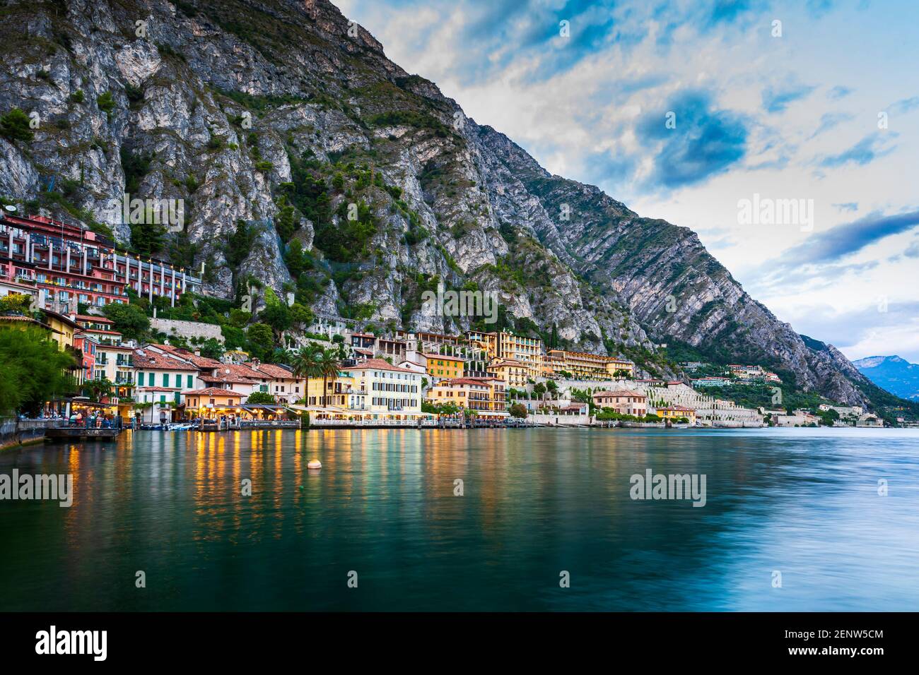 Limone sul Garda village at the lake, during a summer sunset. Popular ...