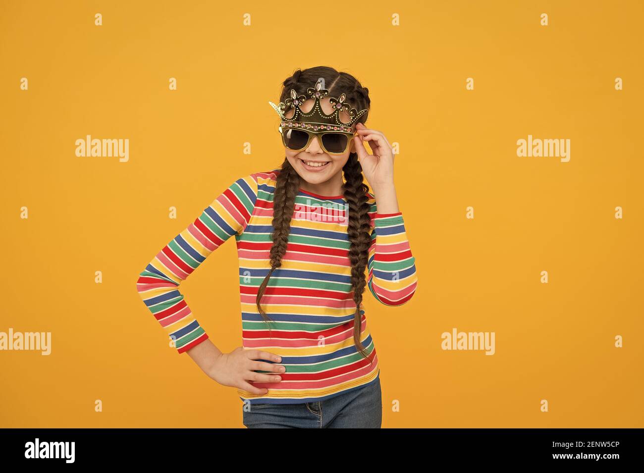 Party celebration. Celebrate as real queen. Kid wear golden crown ...
