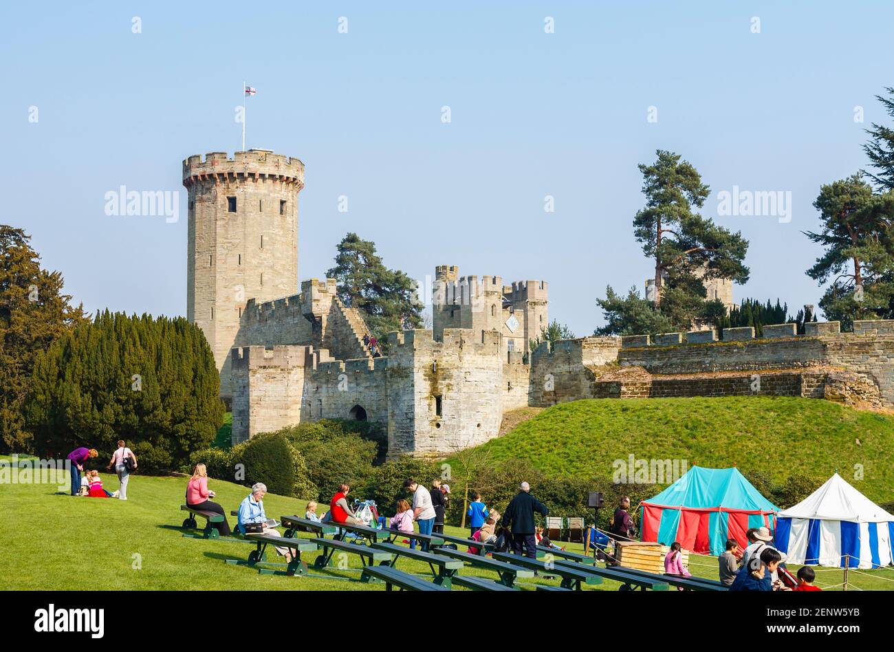 View of Guy's Tower, part of the walls of Warwick Castle, a 12th ...