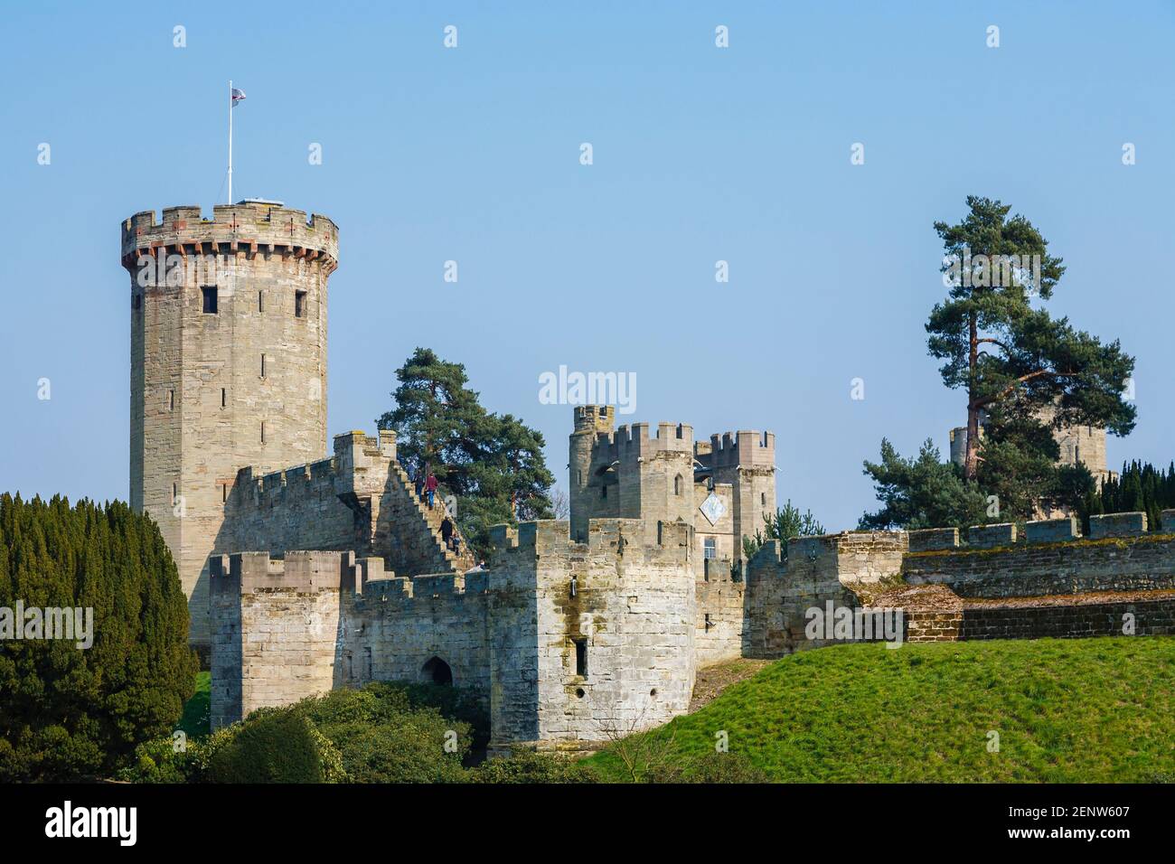 View of Guy's Tower, part of the walls of Warwick Castle, a 12th ...