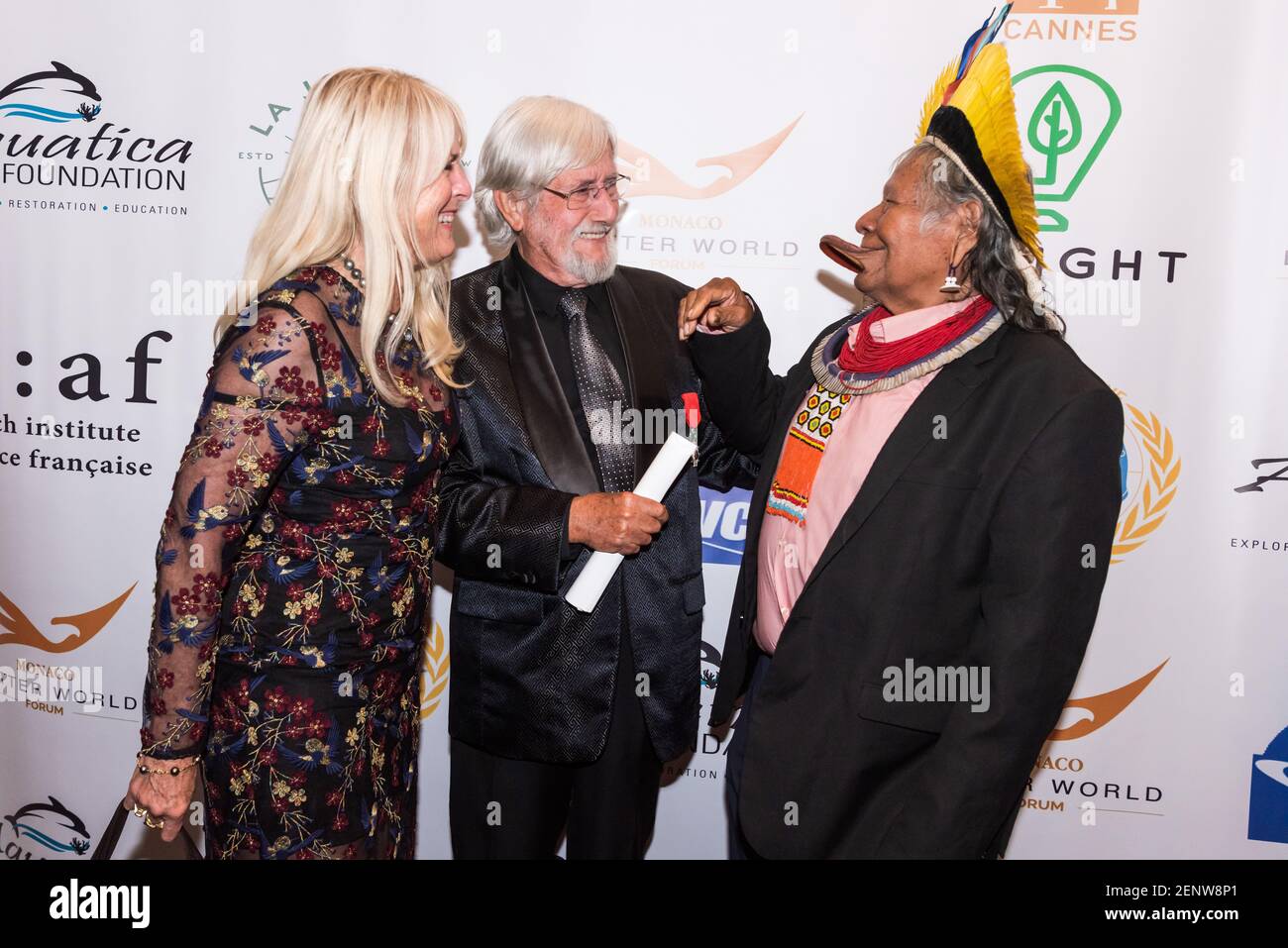 Jean-Michel Cousteau (middle) with wife Nancy Marr and Chief Raoni ...