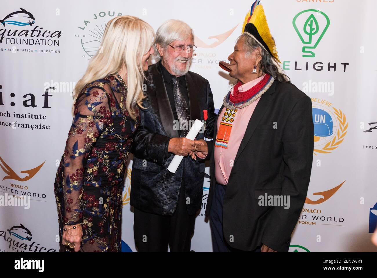 Jean-Michel Cousteau (middle) with wife Nancy Marr and Chief Raoni ...