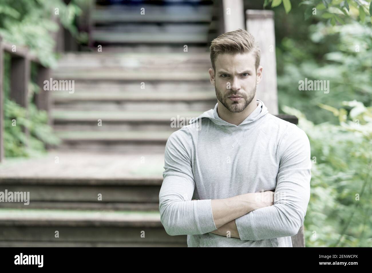 Muscular and confident. Muscular man on summer day. Athletic guy ...