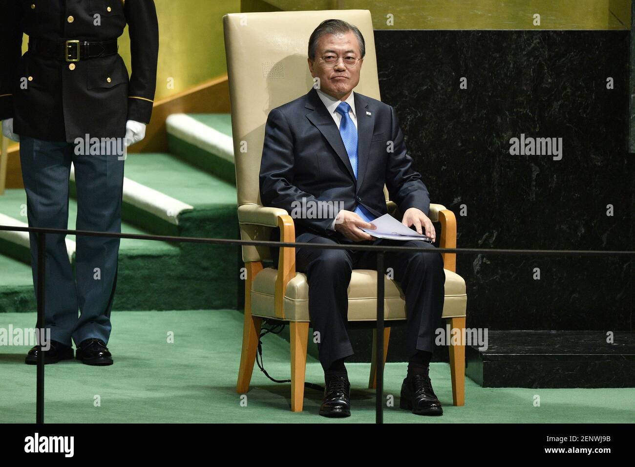 Moon Jae In President Of South Korea Is Seated Before Addressing The