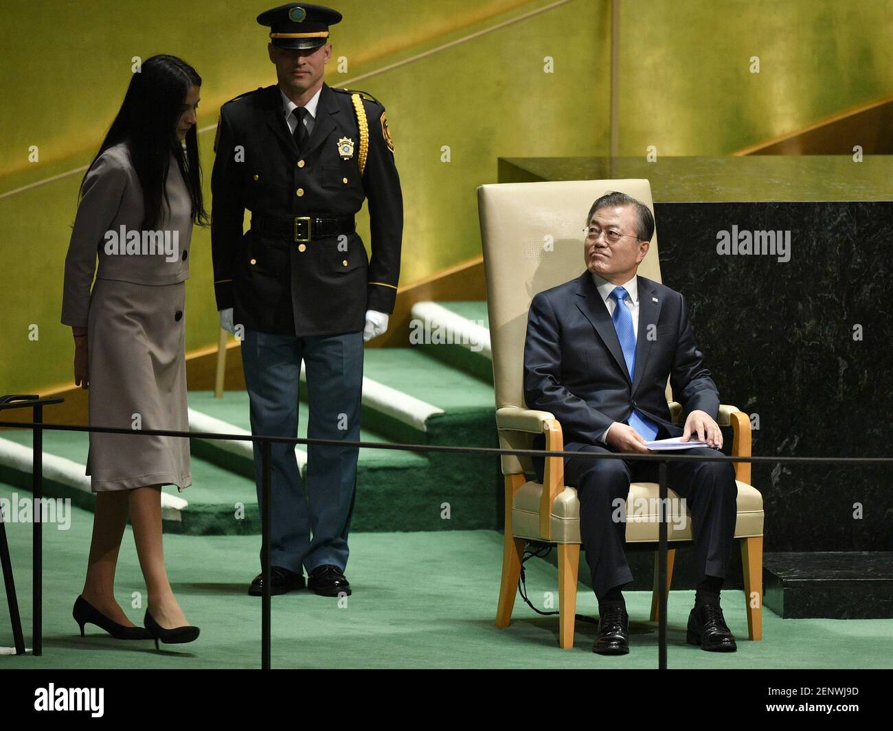 Moon Jae-in, President of South Korea, is seated before addressing the ...