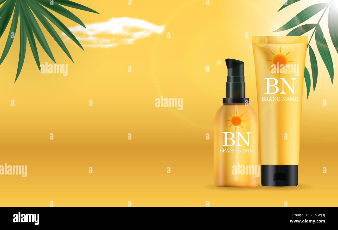 3D Realistic sun Protection Cream Bottle on Sunny Yellow Background ...