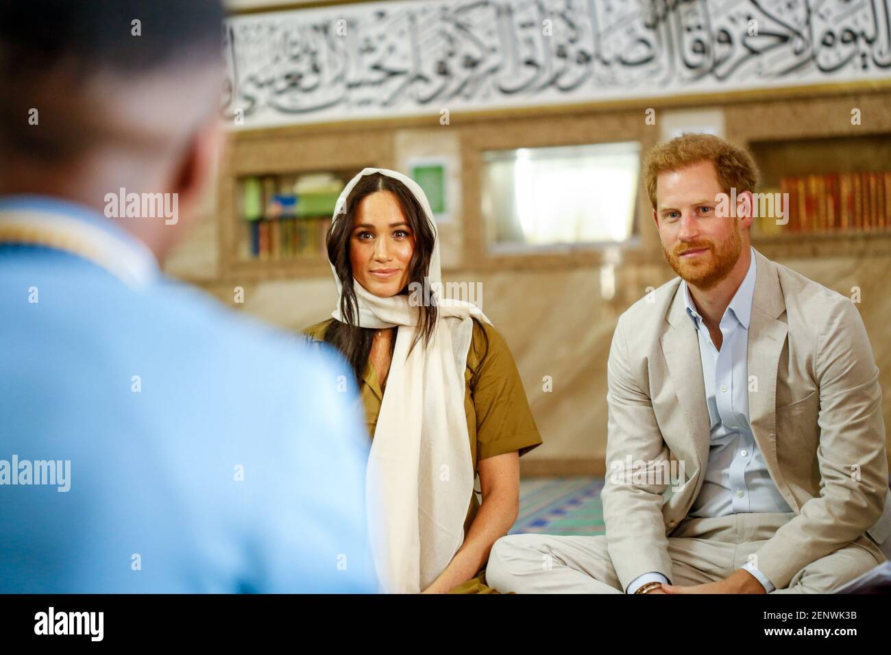 Prince Harry and Meghan Duchess of Sussex during a visit to Auwal Mosque, the oldest mosque in ...