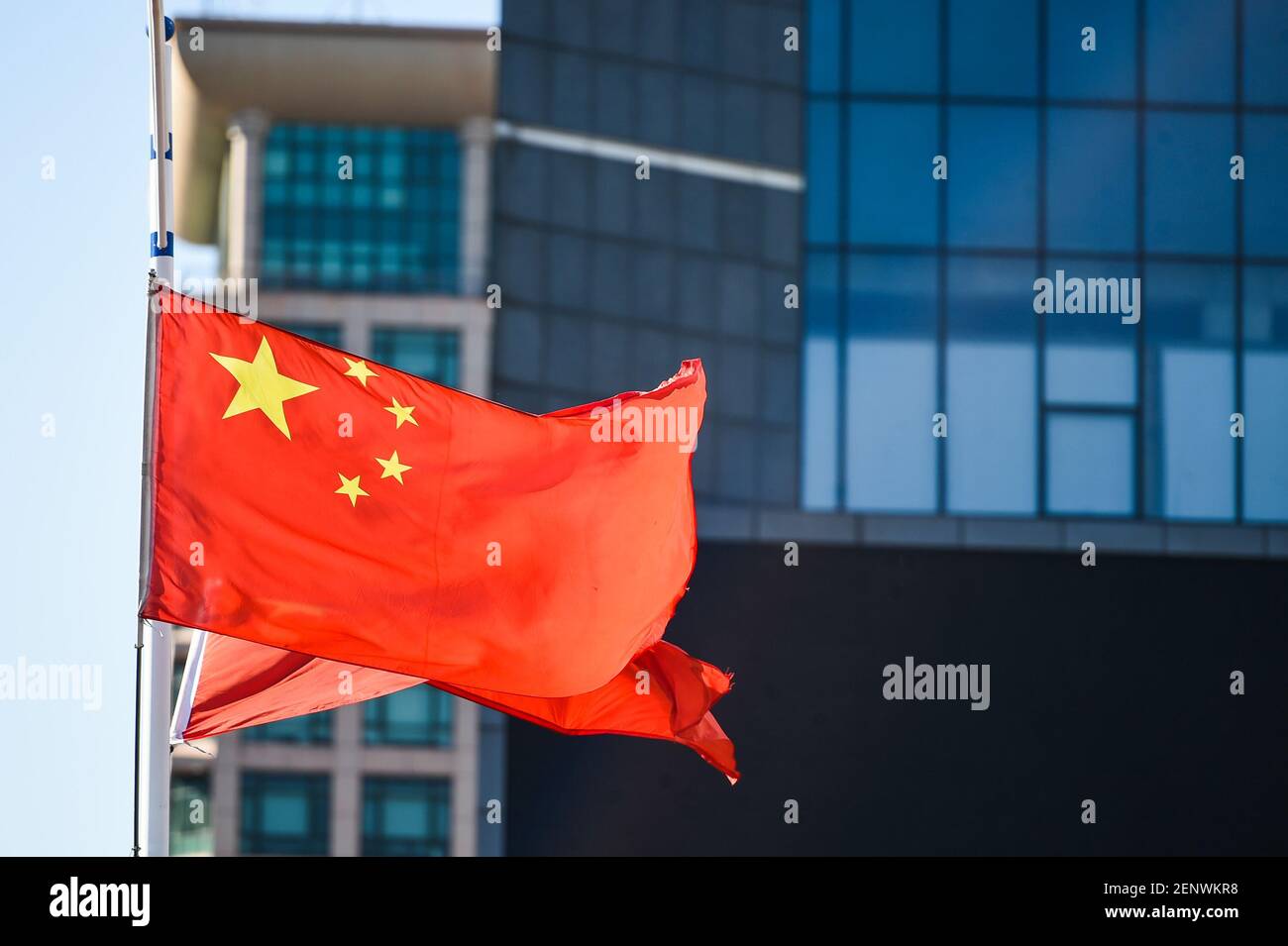 Red Chinese flags set up on a main road to embrace the 70th anniversary ...