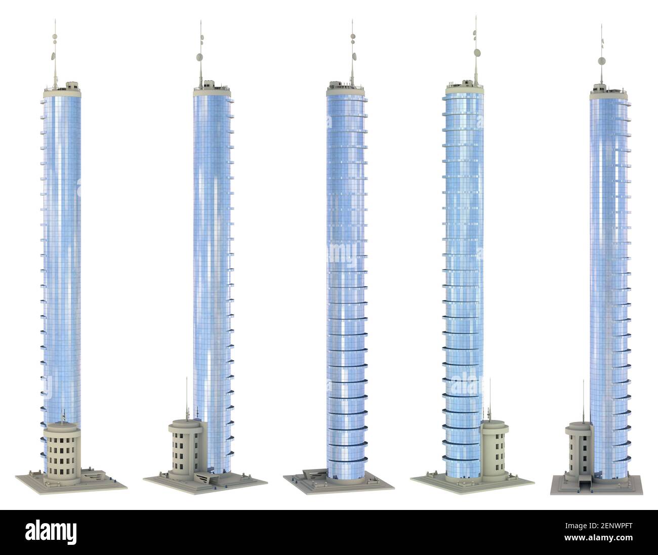 5 renders of fictional design buildings with balconies with cloudy sky ...