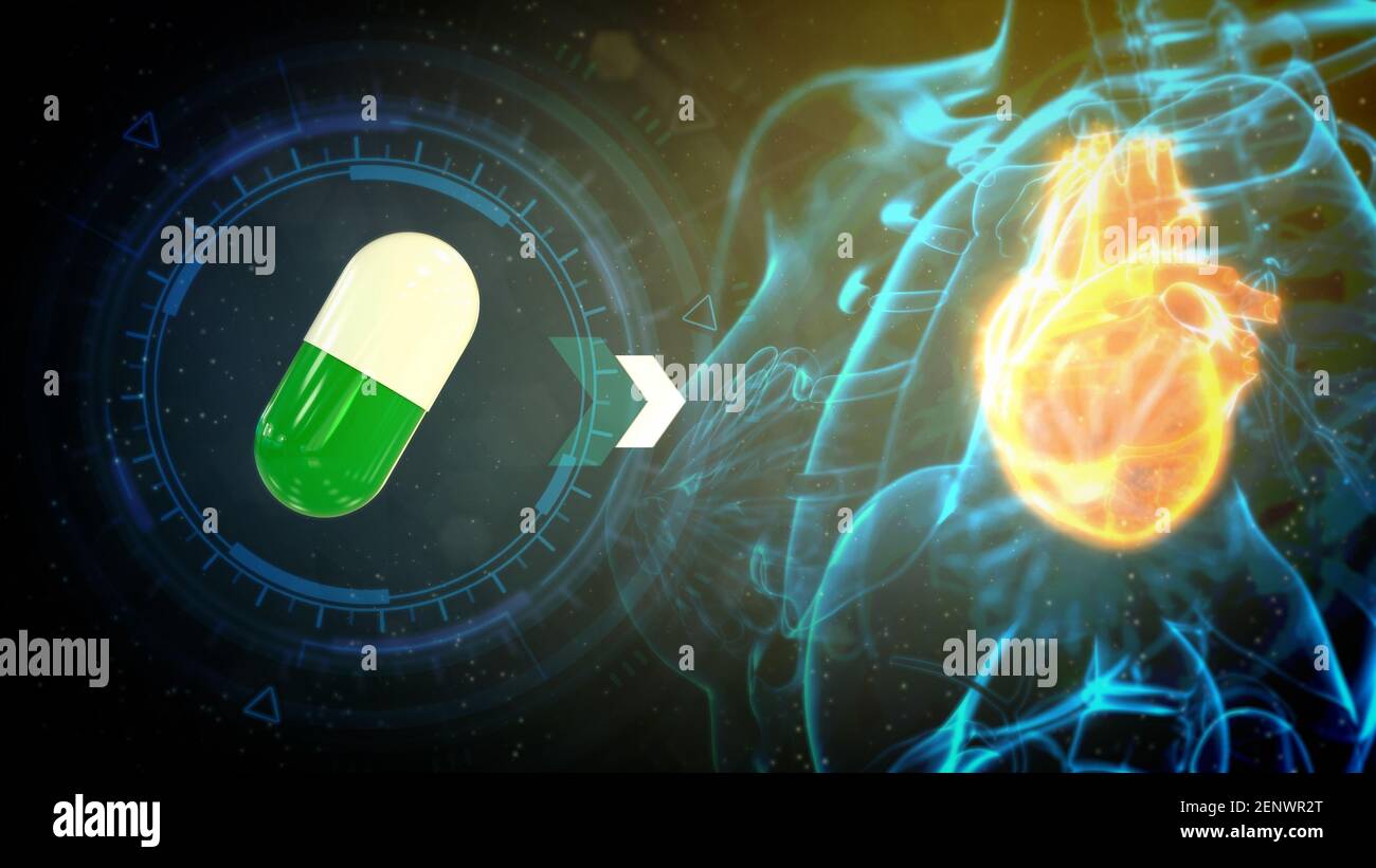 human heart affected by pill capsule, cg medicine 3d illustration Stock ...