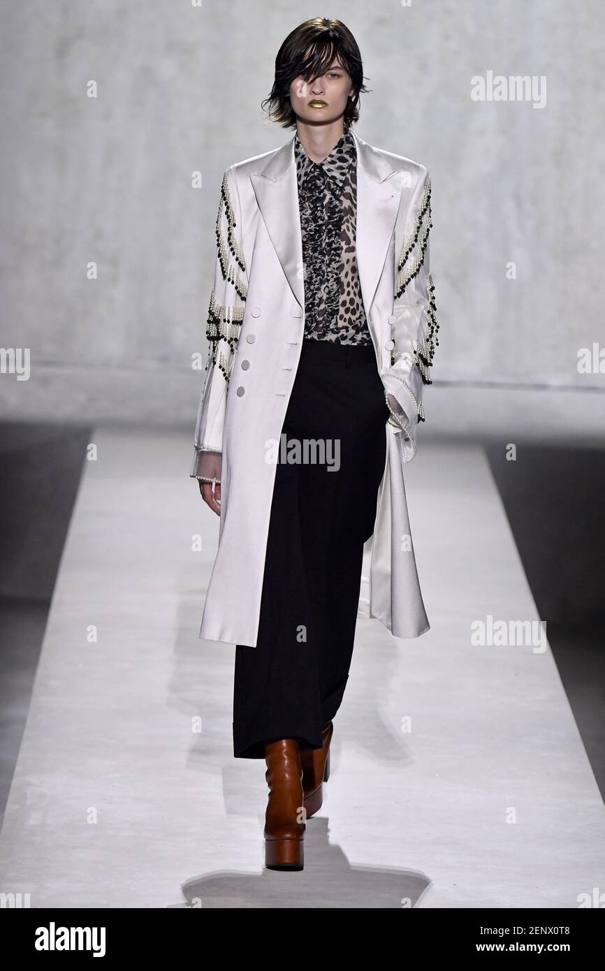 Model Lara Mullen walking on the runway during the Dries van Noten ...