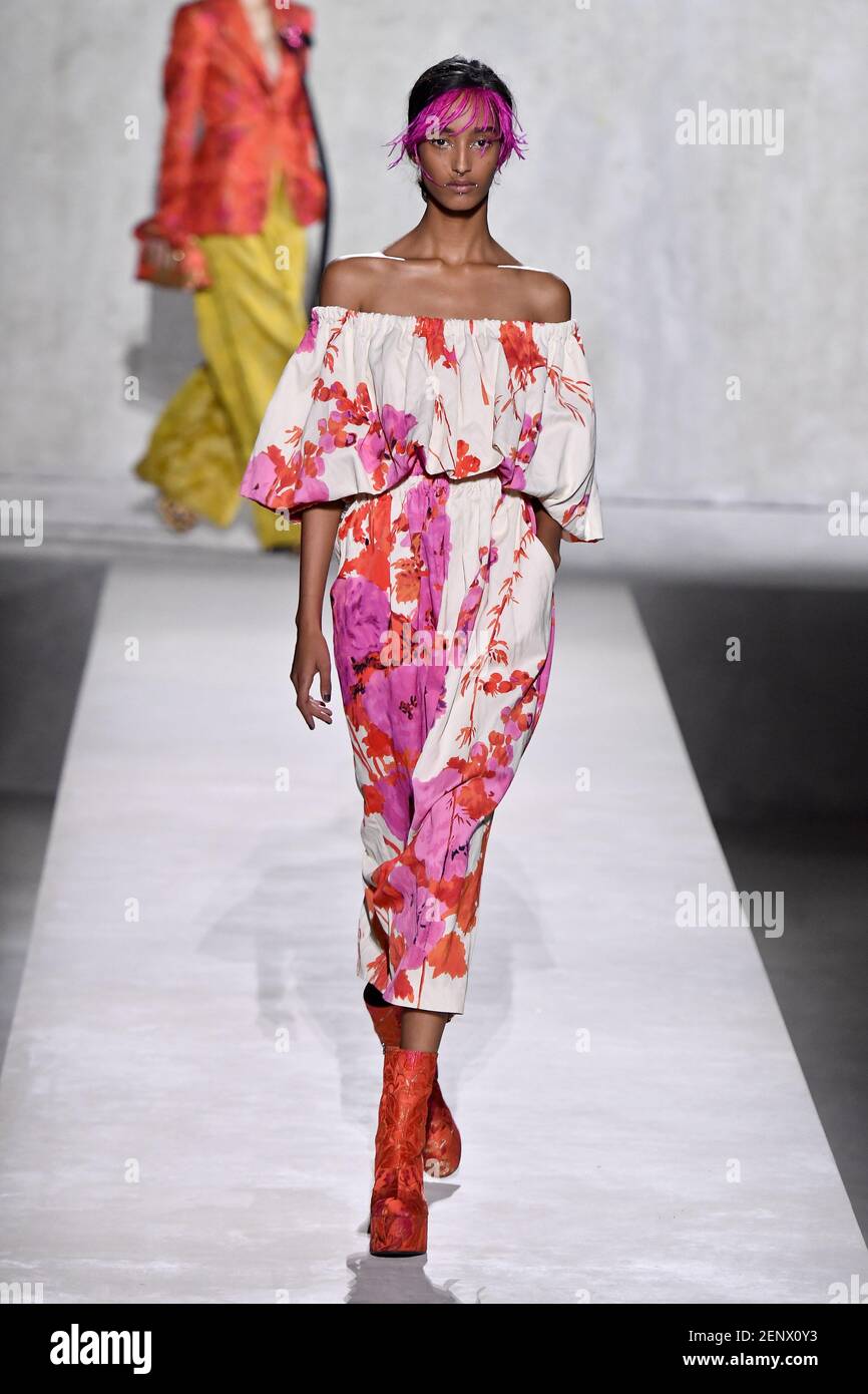 Model Mona Tougaard walking on the runway during the Dries van Noten ...