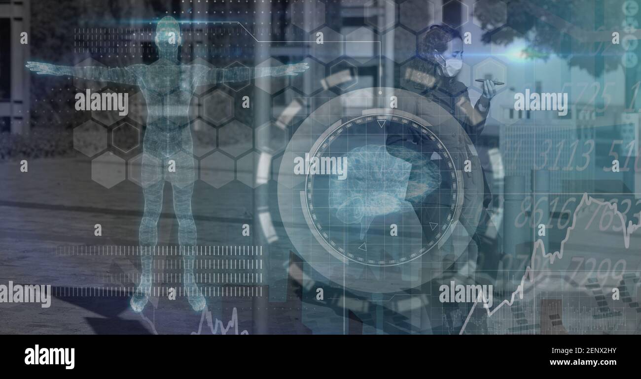 Digital illustration of a human body and human brain 3D models over ...