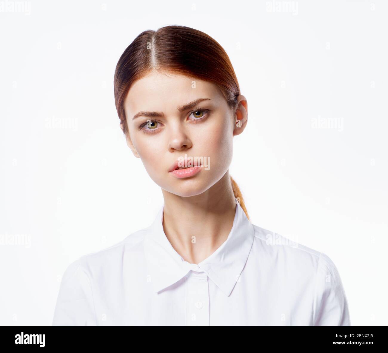 woman in white shirt strict style fashion emotions light background ...