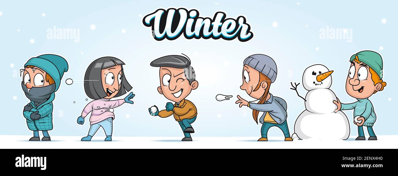 Cartoon illustration of a Group of people playing in the snow in a ...