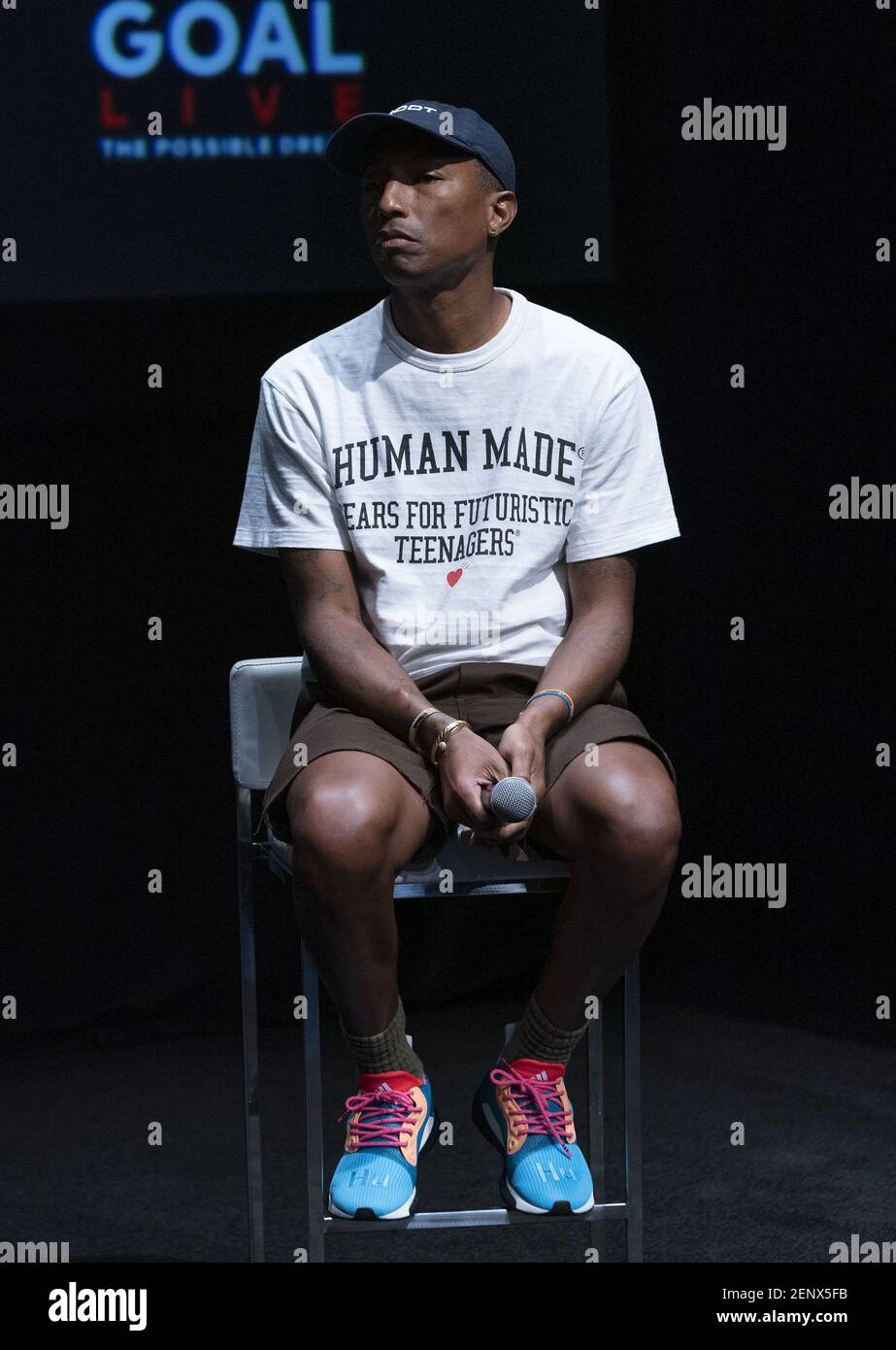 Pharell Williams attends press conference for Global Citizen & Teneo ...