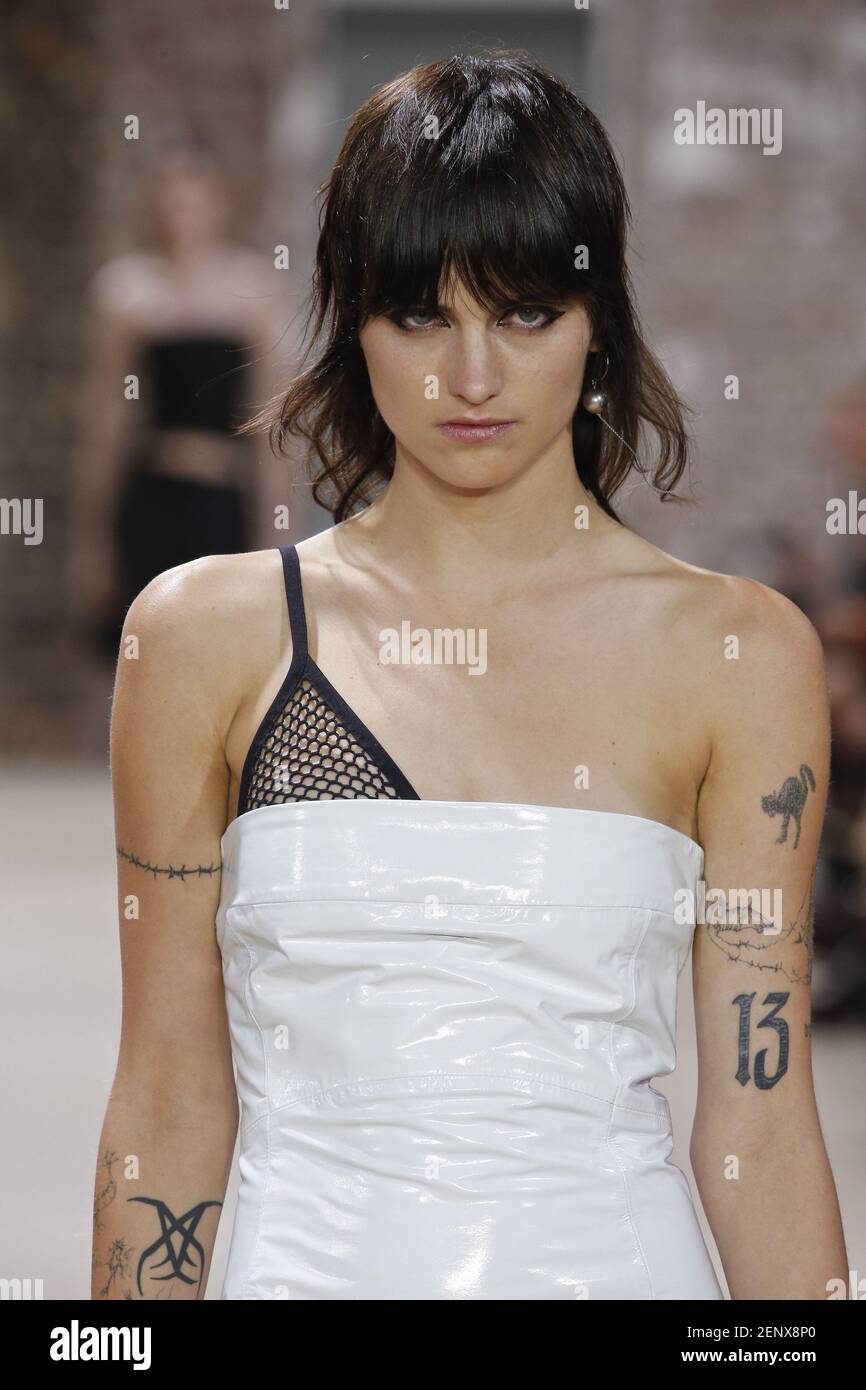 Model Sarah Brown walking on the runway during the Ann Demeulemeester ...