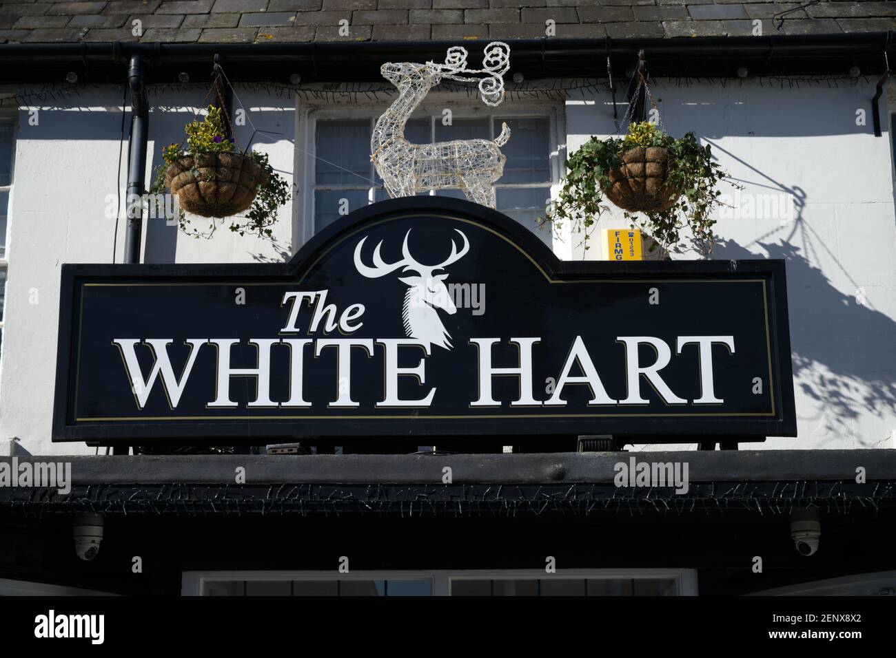 The White Hart Pub sign with Christmas decorations still in place with ...