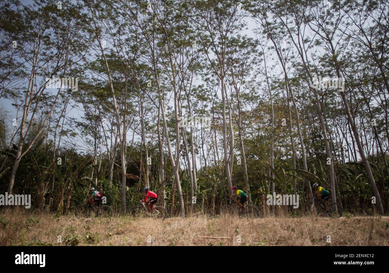 Cyclists in action during the Rhino MTB XC (Mountain Bike Cross Country) Marathon in Pandeglang ...