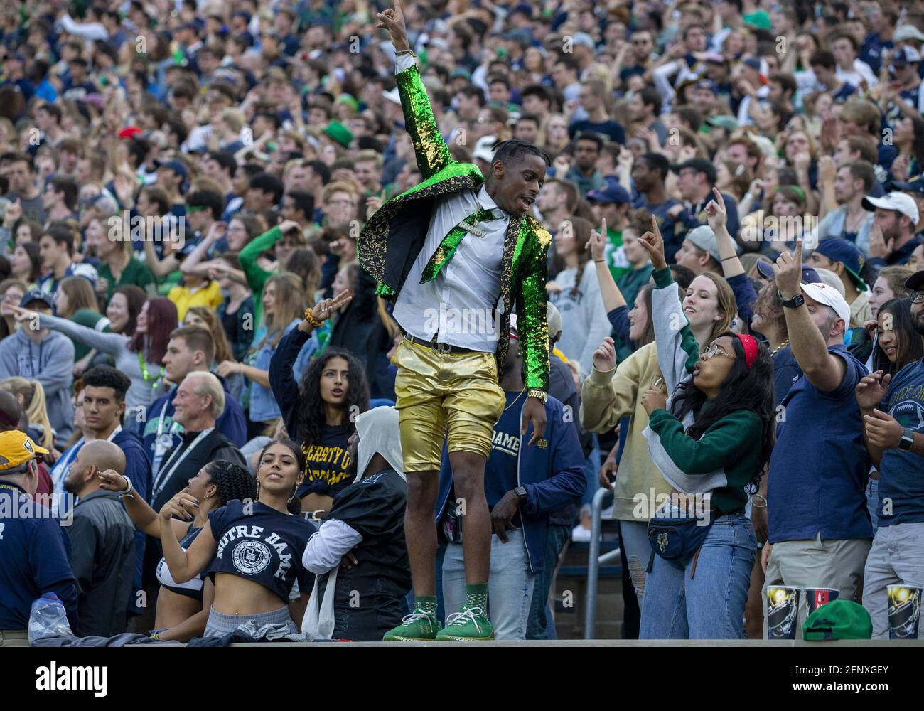 September 28, 2019: Notre Dame student Brandon Hardy cheers on his team ...