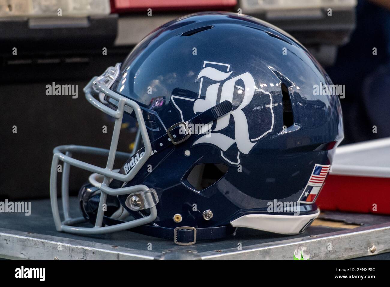 September 28, 2019: A Rice Owls helmet sits on the sideline during the ...