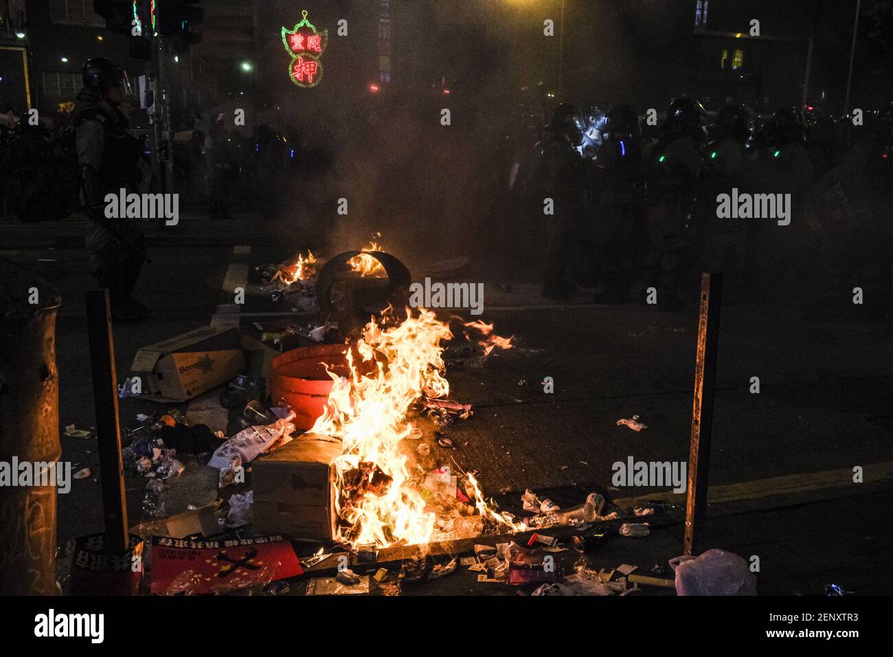 Burning barricades during the demonstration. Protesters took part in an ...