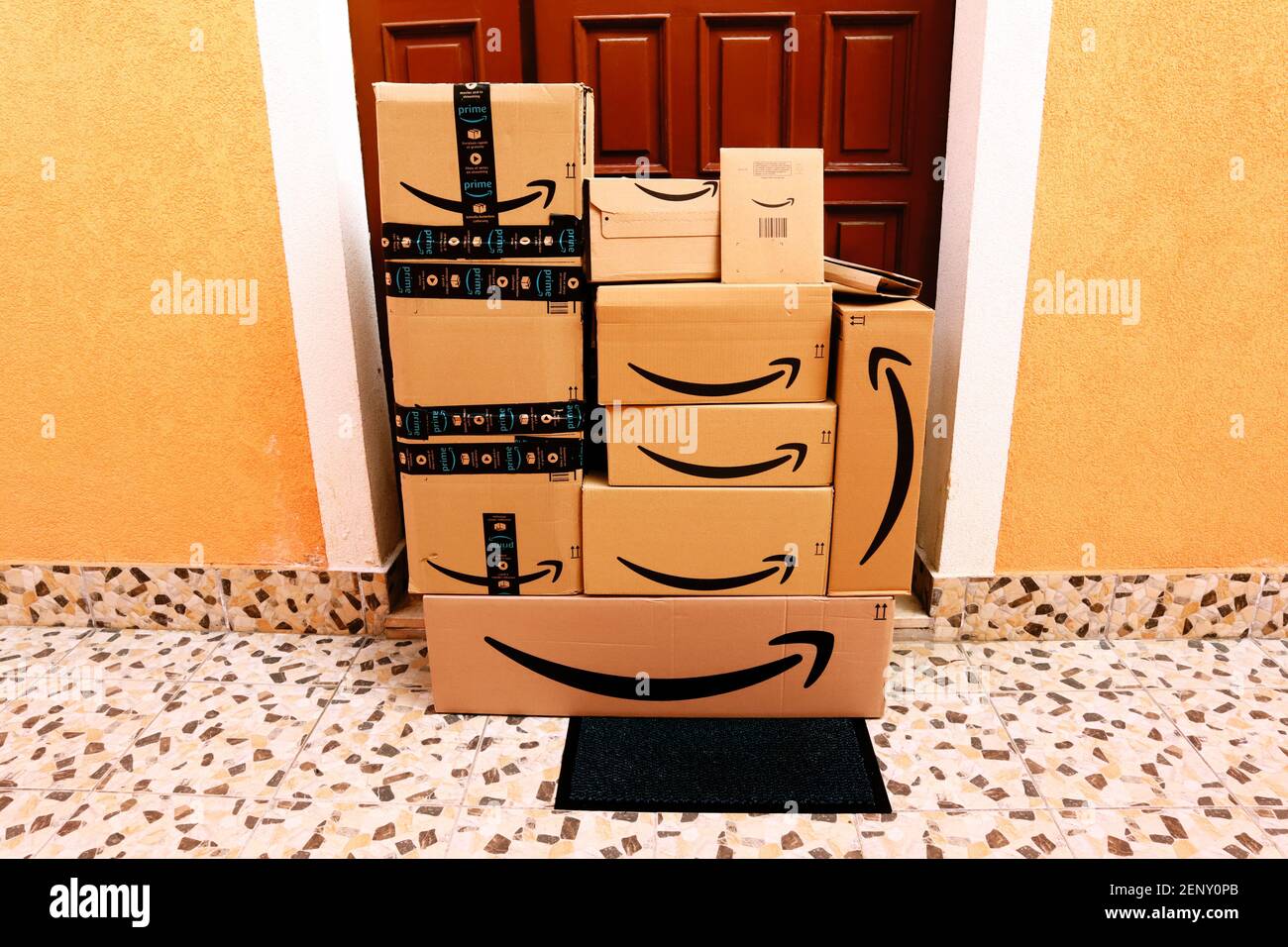 AMAZON Cardboard Boxes delivered at home to the front door Stock Photo ...