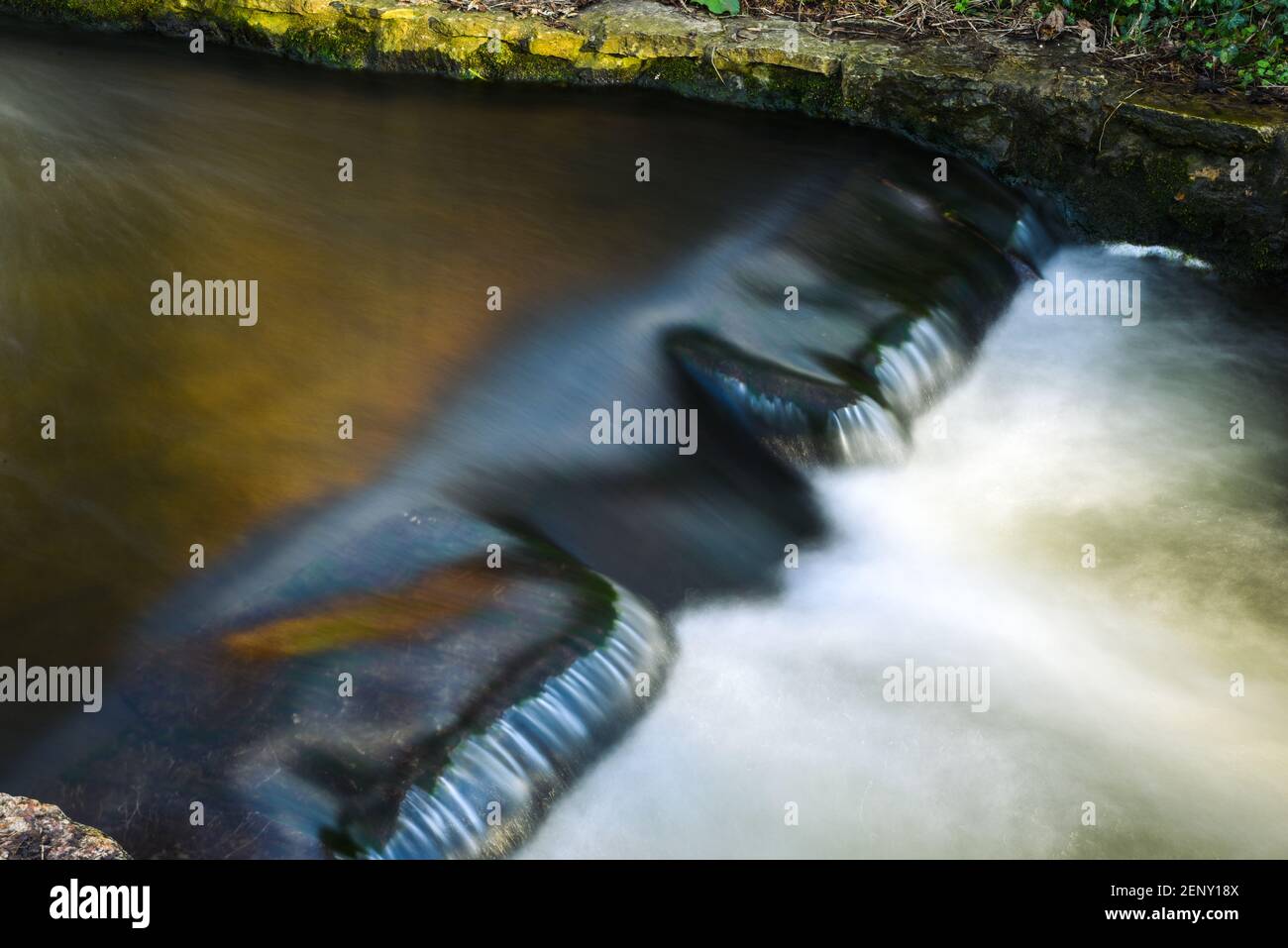 River with fast flowing water and splashing falls in a woods on a sunny ...