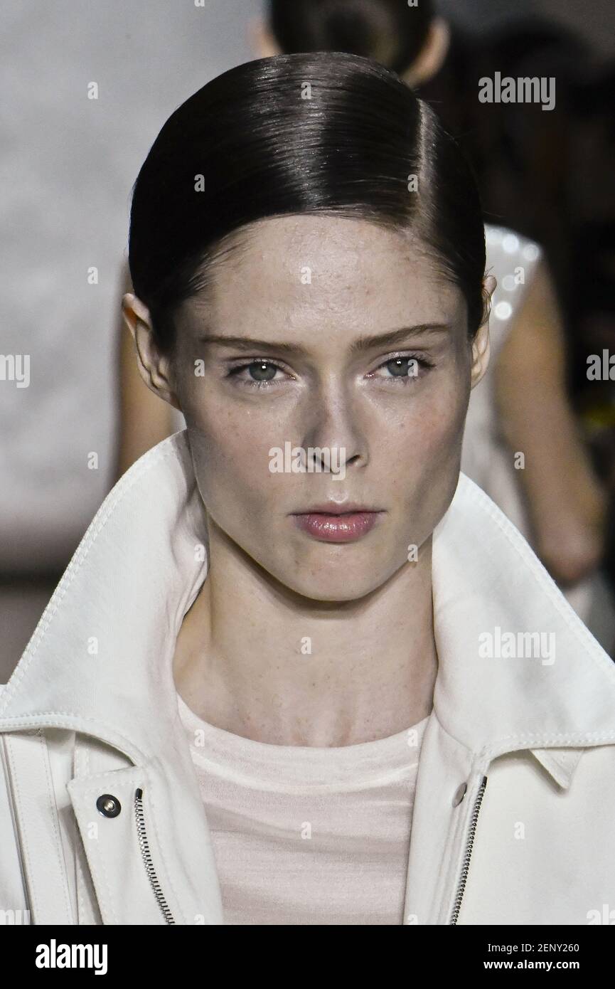Model Coco Rocha walking on the runway during the Akris Ready to Wear ...