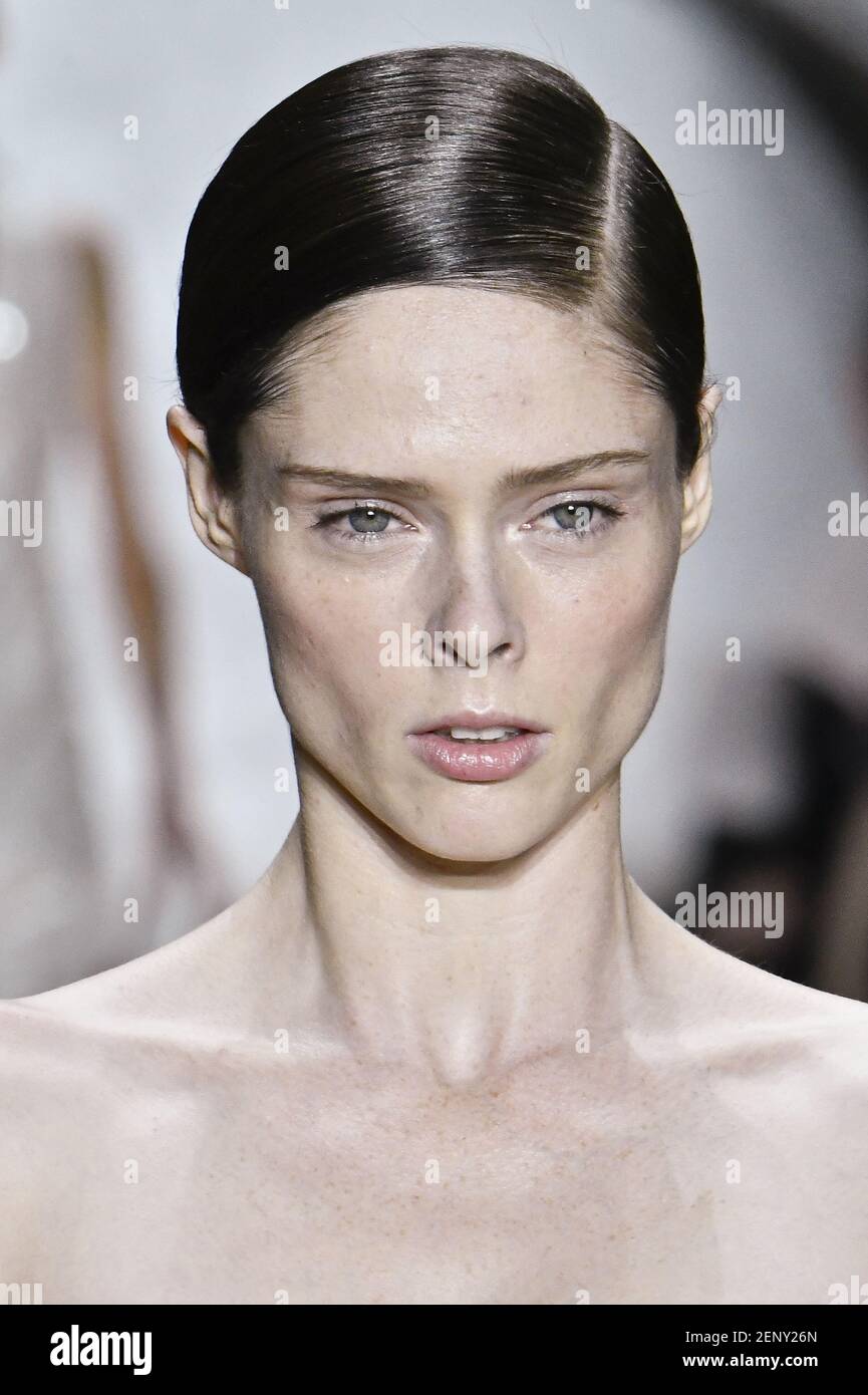 Model Coco Rocha walking on the runway during the Akris Ready to Wear ...