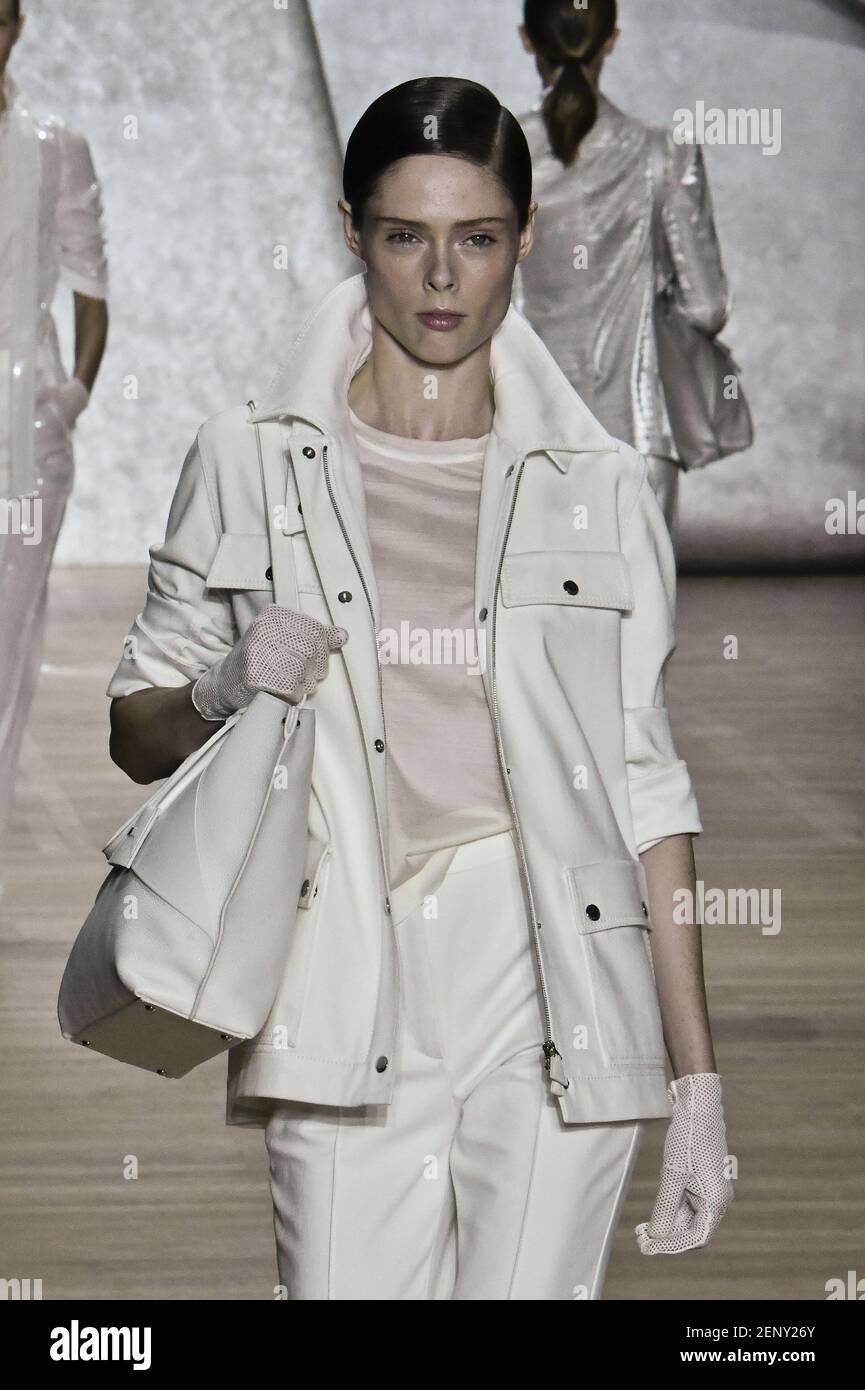 Model Coco Rocha walking on the runway during the Akris Ready to Wear ...