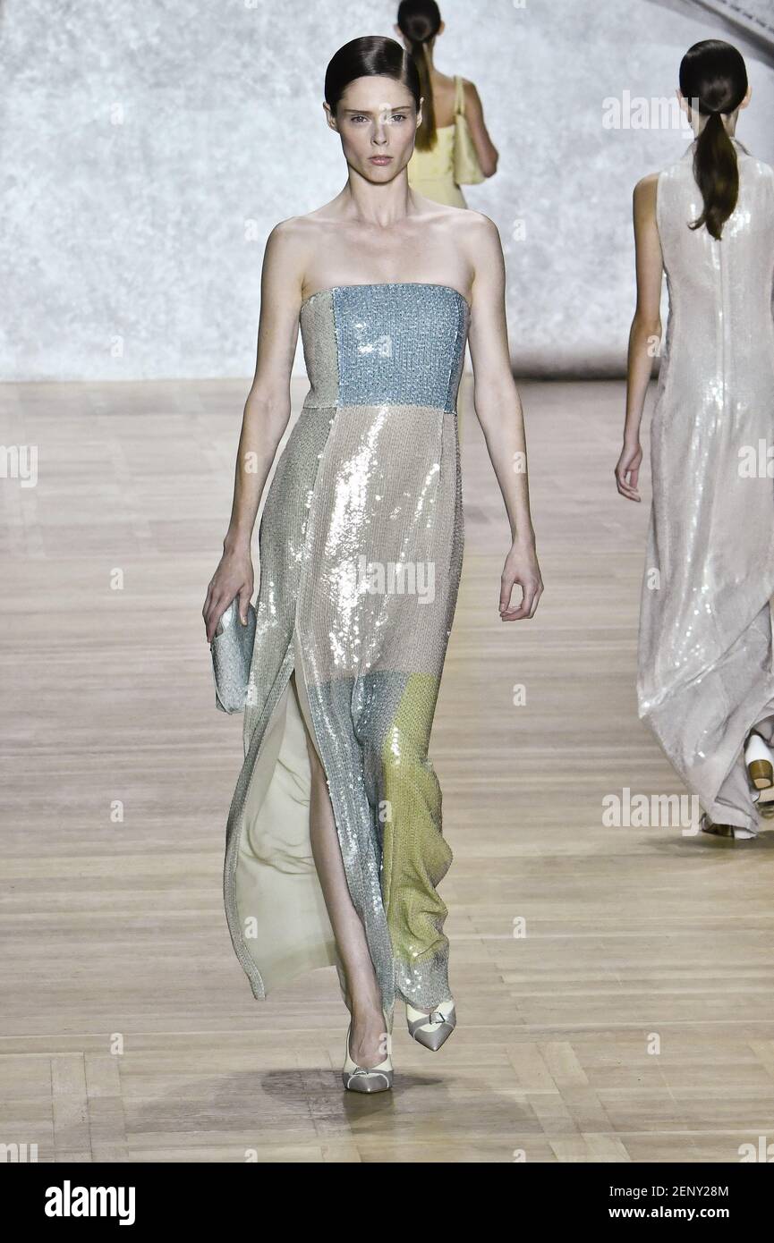 Model Coco Rocha walking on the runway during the Akris Ready to Wear ...