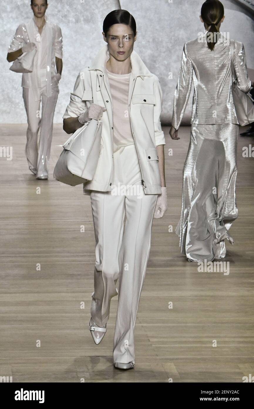 Model Coco Rocha walking on the runway during the Akris Ready to Wear ...