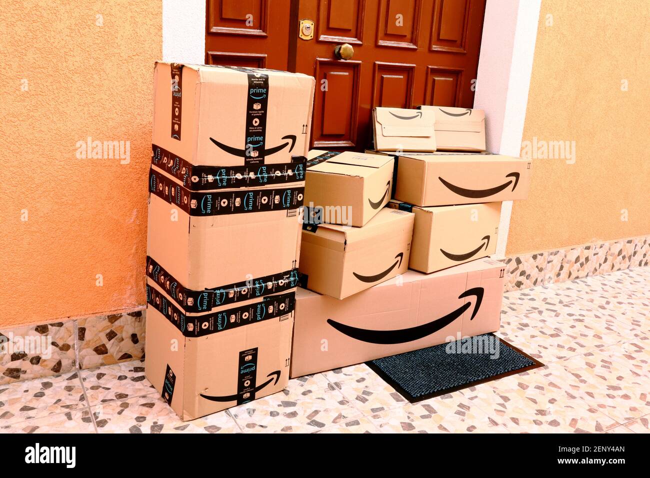 AMAZON Cardboard Boxes delivered at home to the front door Stock Photo ...