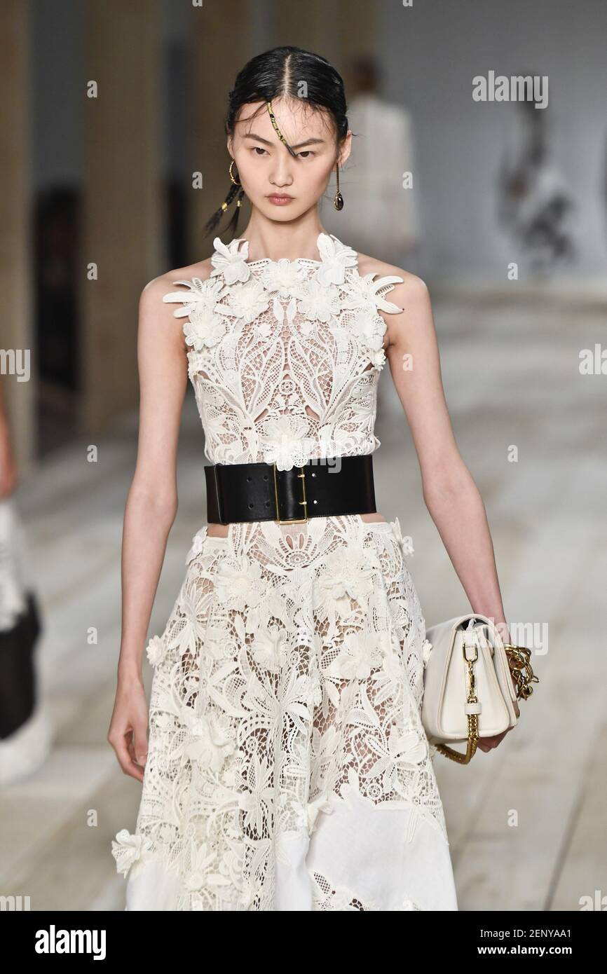 Model He Cong walking on the runway during the Alexander McQueen Ready ...