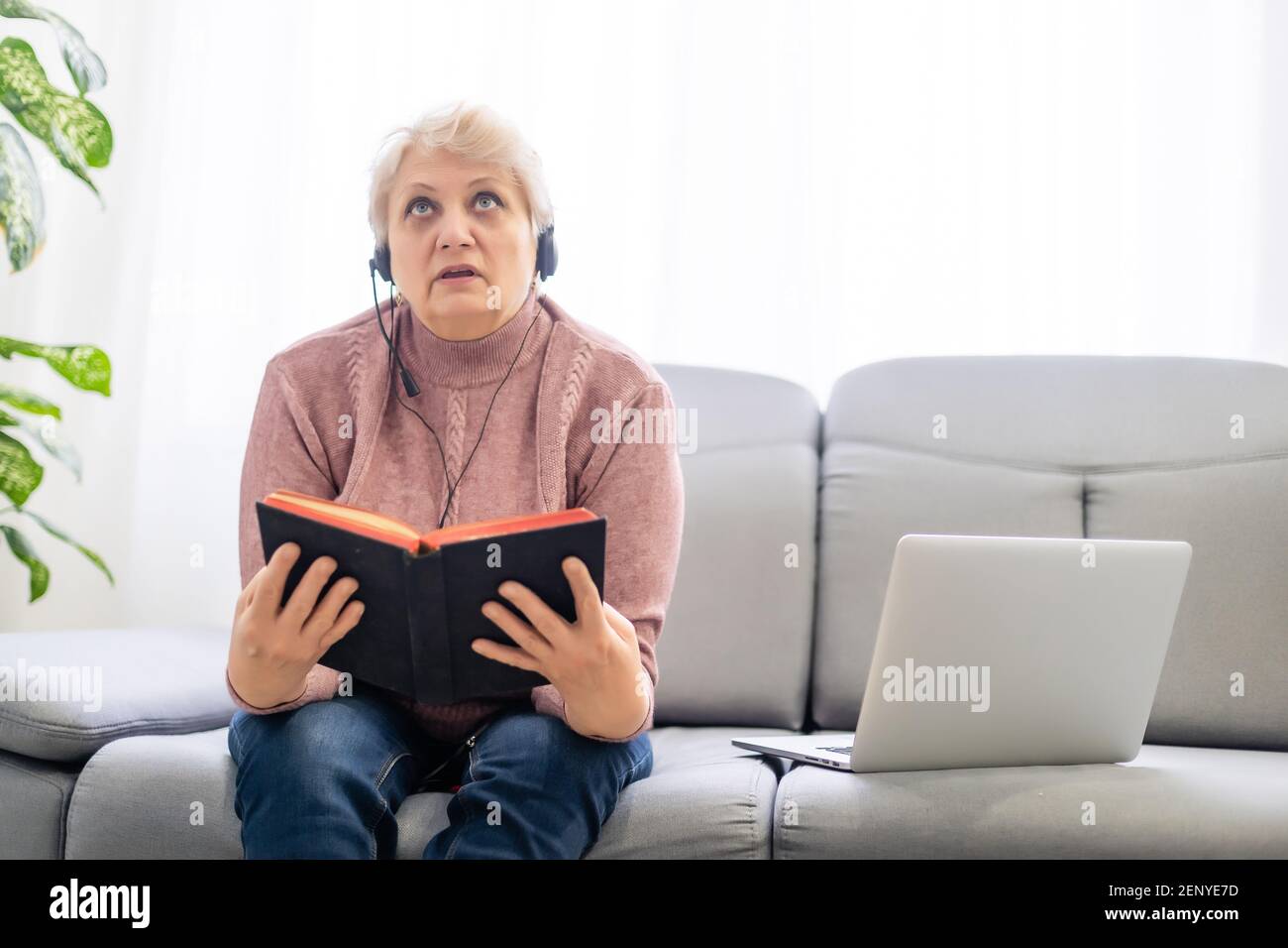 Woman praying and worship to god with church online sunday service ...